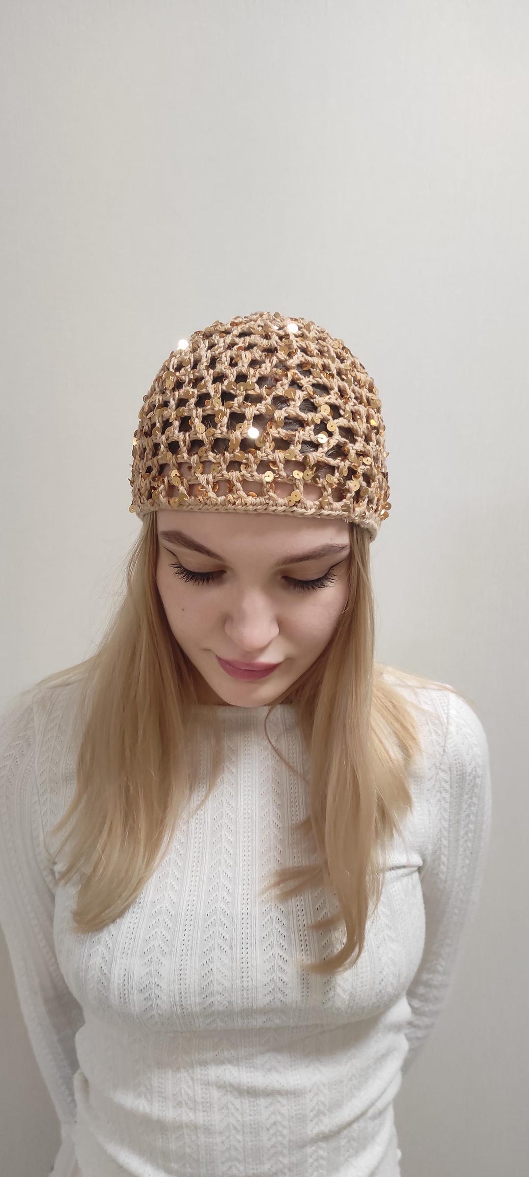 Crochet Cream Mesh Hat, Skull Cap,netted Mesh Beanie, Handmade Hat ...