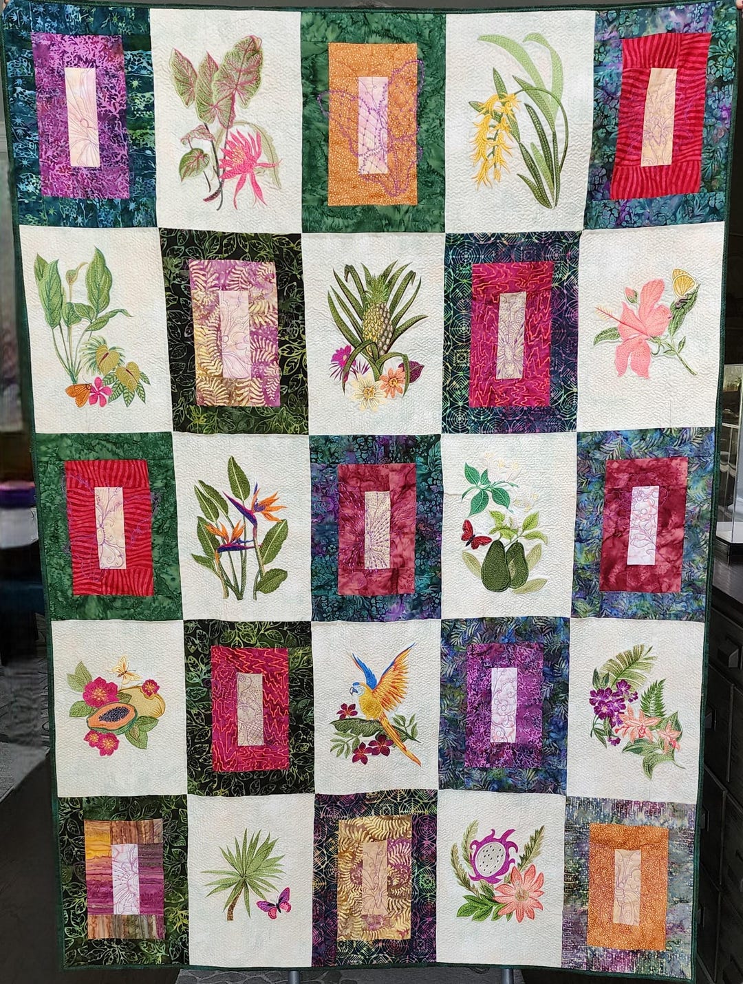 Tropical Quilt: Embroidered Fruits, Flowers, Birds Throw - Etsy