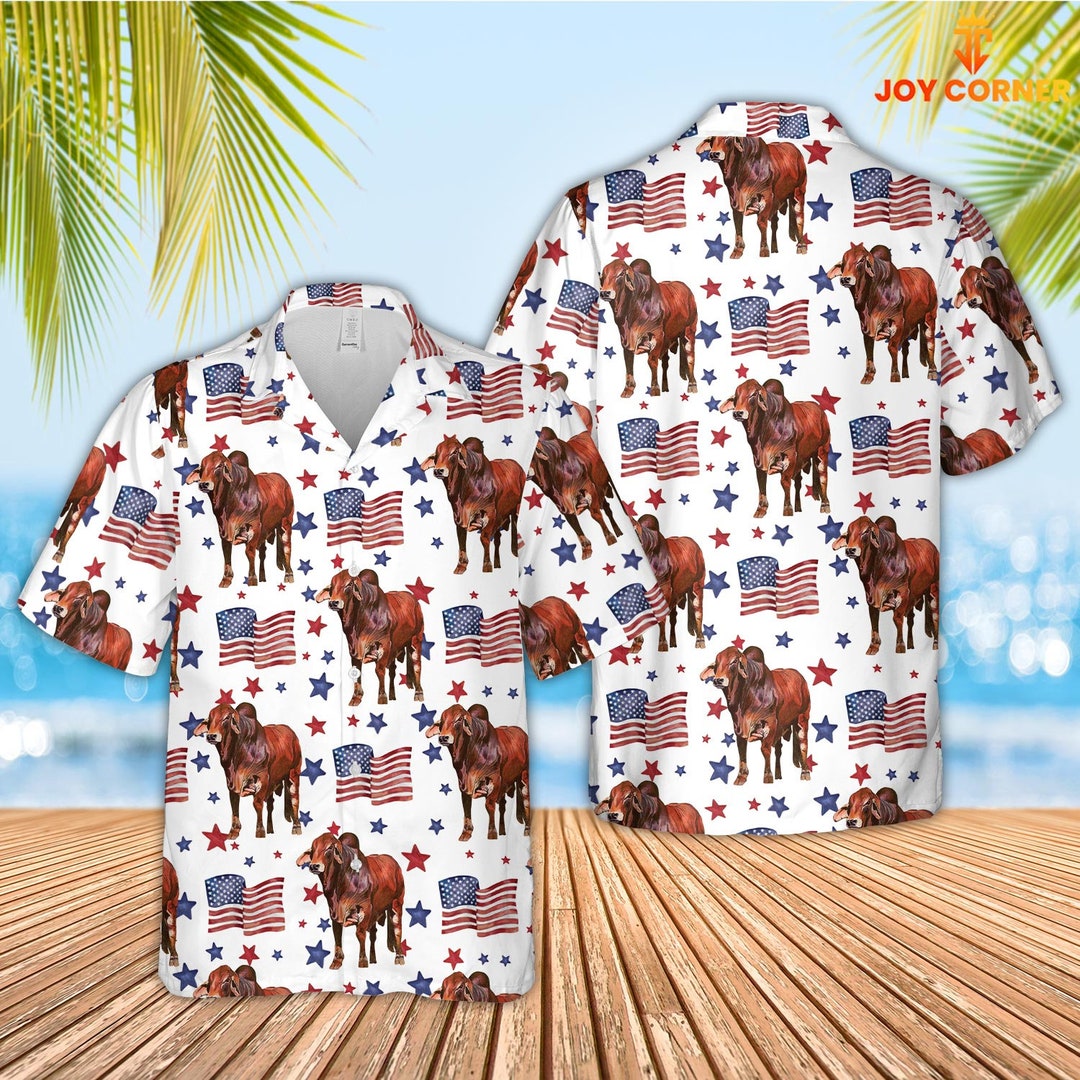 Unijames Red Brahman American Flag Pattern Hawaiian Shirt - Etsy