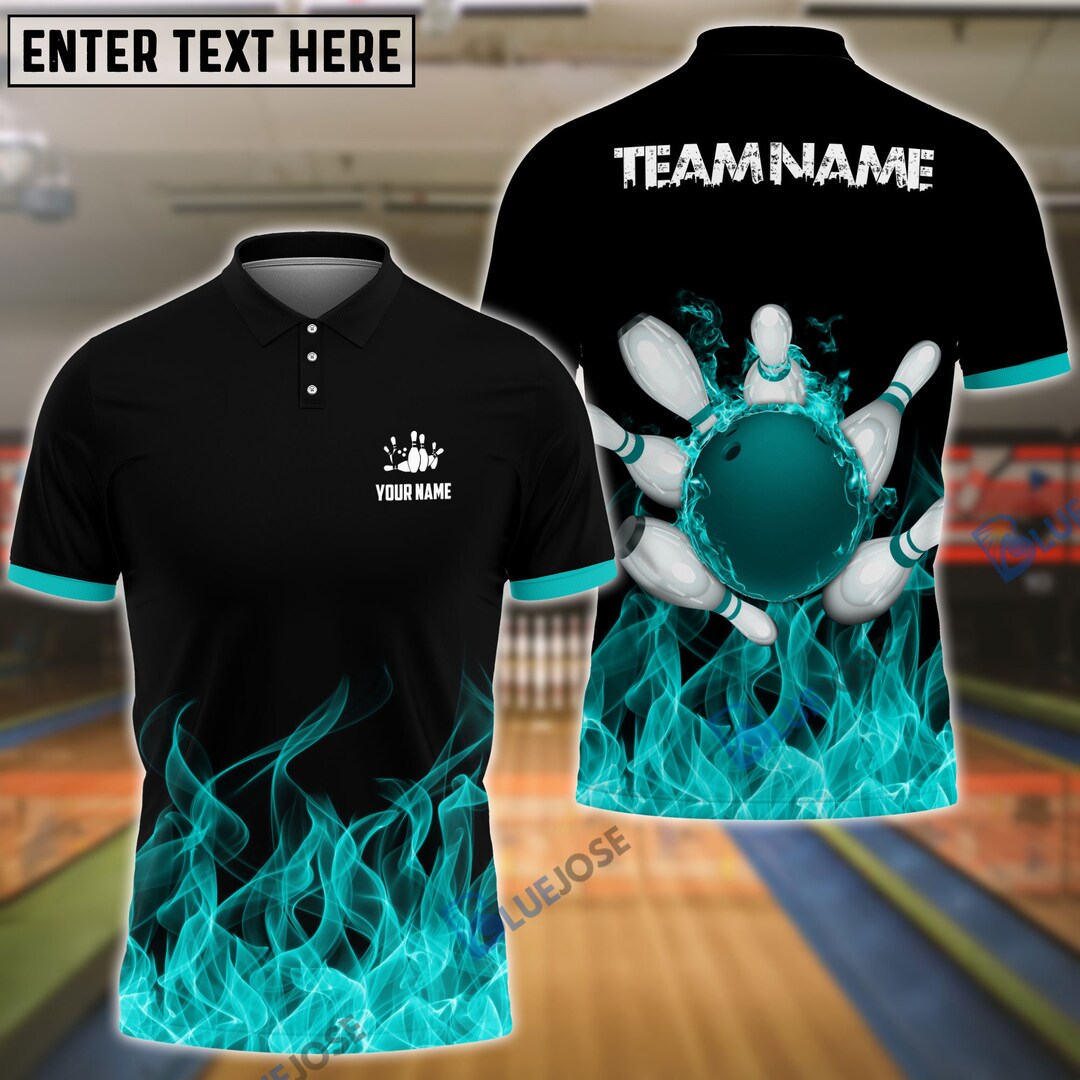 Bowling and Pins Cyan Ink Fire Pattern Customized Name 3D Shirt - Etsy