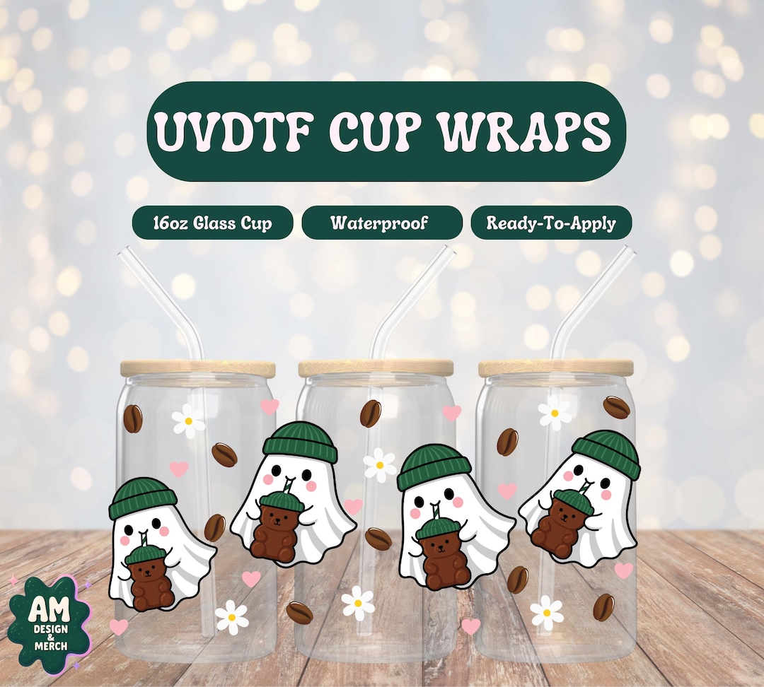 Ghost Barista With Glass Bear Cup UV DTF Wrap | Coffee Theme 16oz ...
