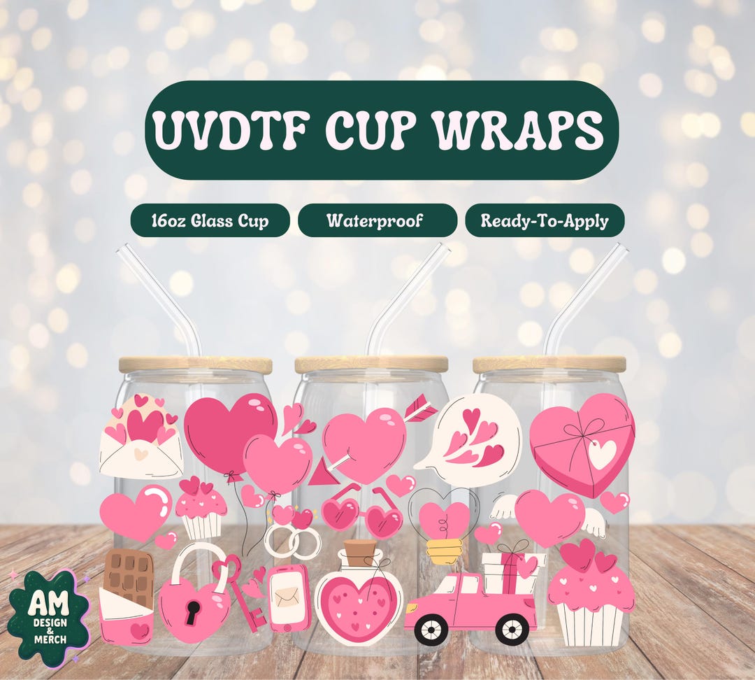 Valentine Love Icons Cup Wrap – Pink Hearts UV DTF Glass Can Wrap - Etsy