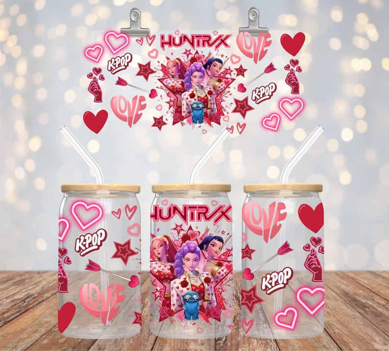 Valentines K-pop Anime Girls UV DTF Cup Wrap | 16oz Libbey Glass, Red ...
