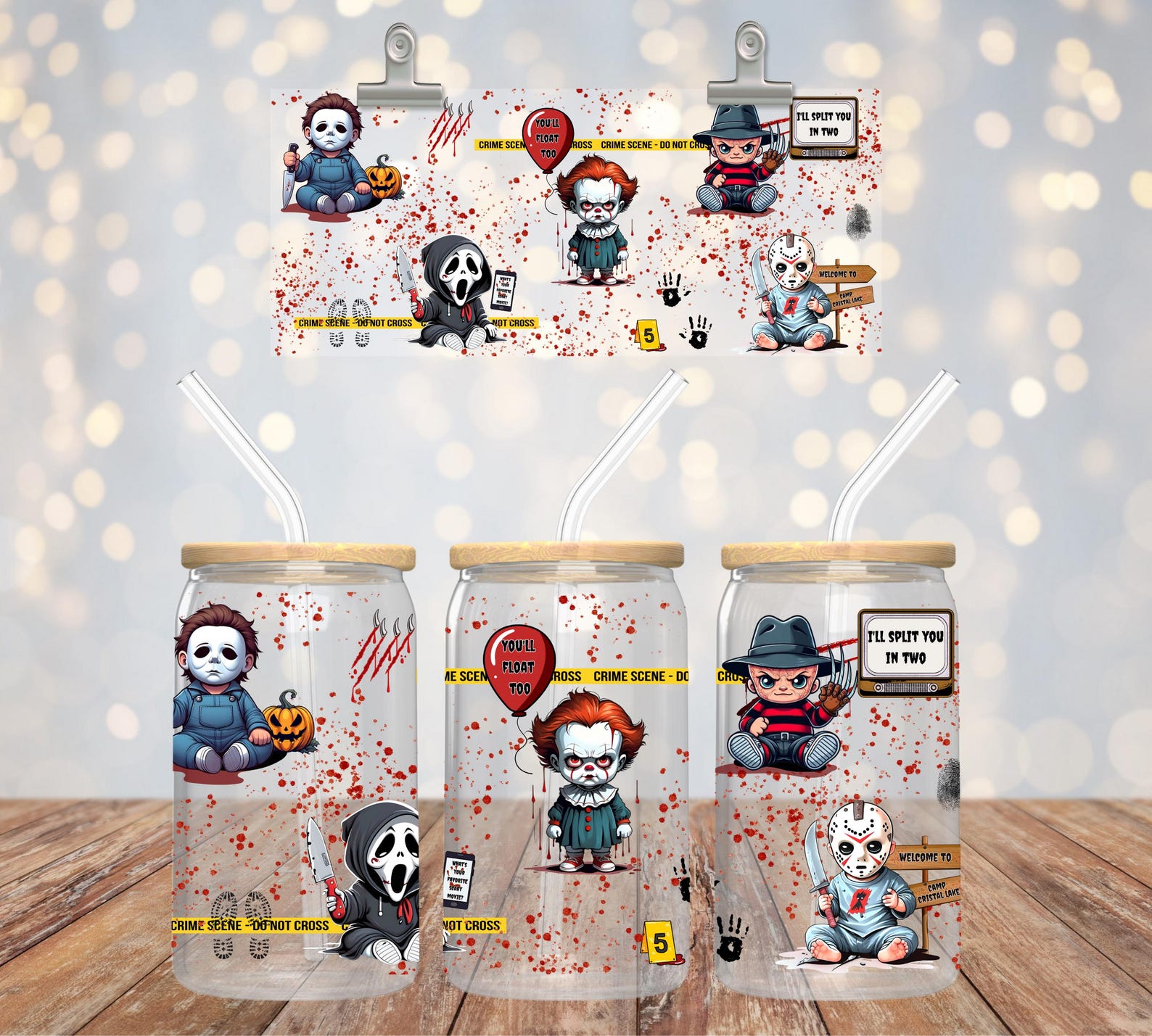 Horror Characters UV DTF Wrap | 16oz Libbey Glass Cup Transfer | Spooky ...
