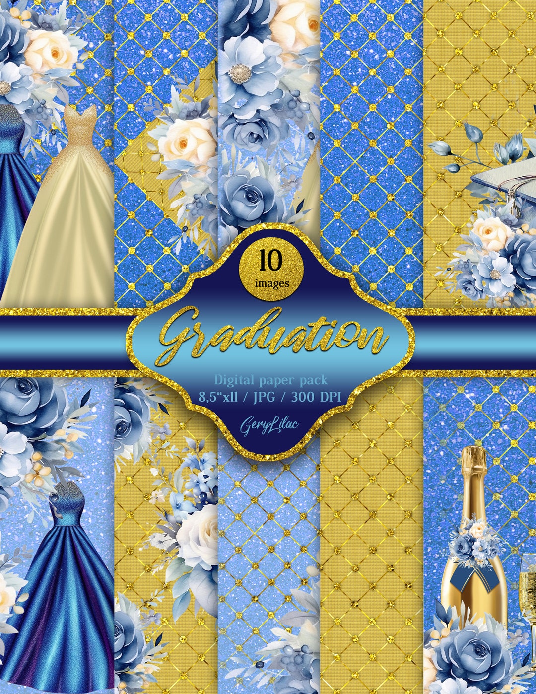 8.5x11 Navy Blue and Gold Graduation Digital Paper Flower - Etsy
