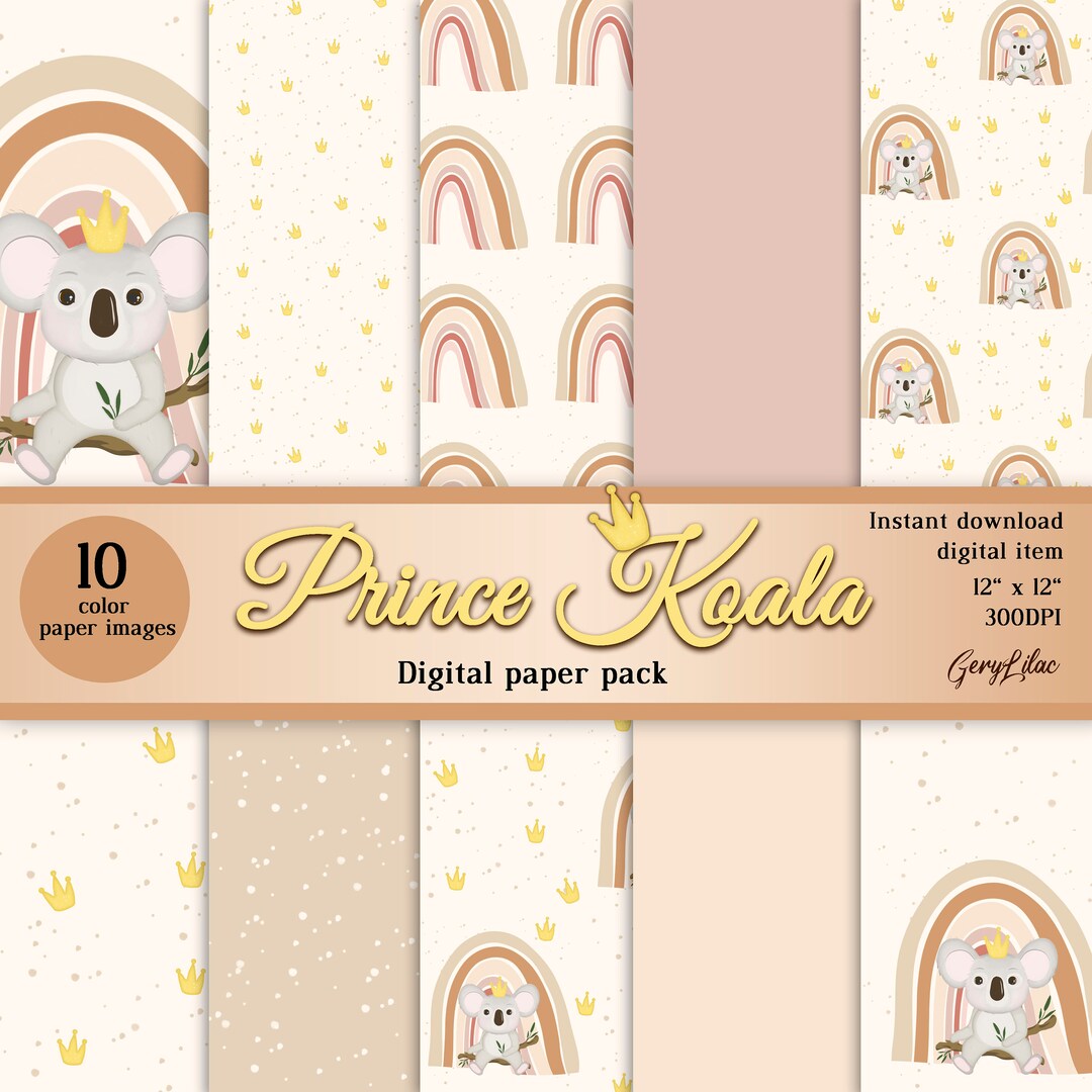 Кoala Digital Paper, Rainbow Paper, Baby Album Paper, Prince Koala, Boy ...