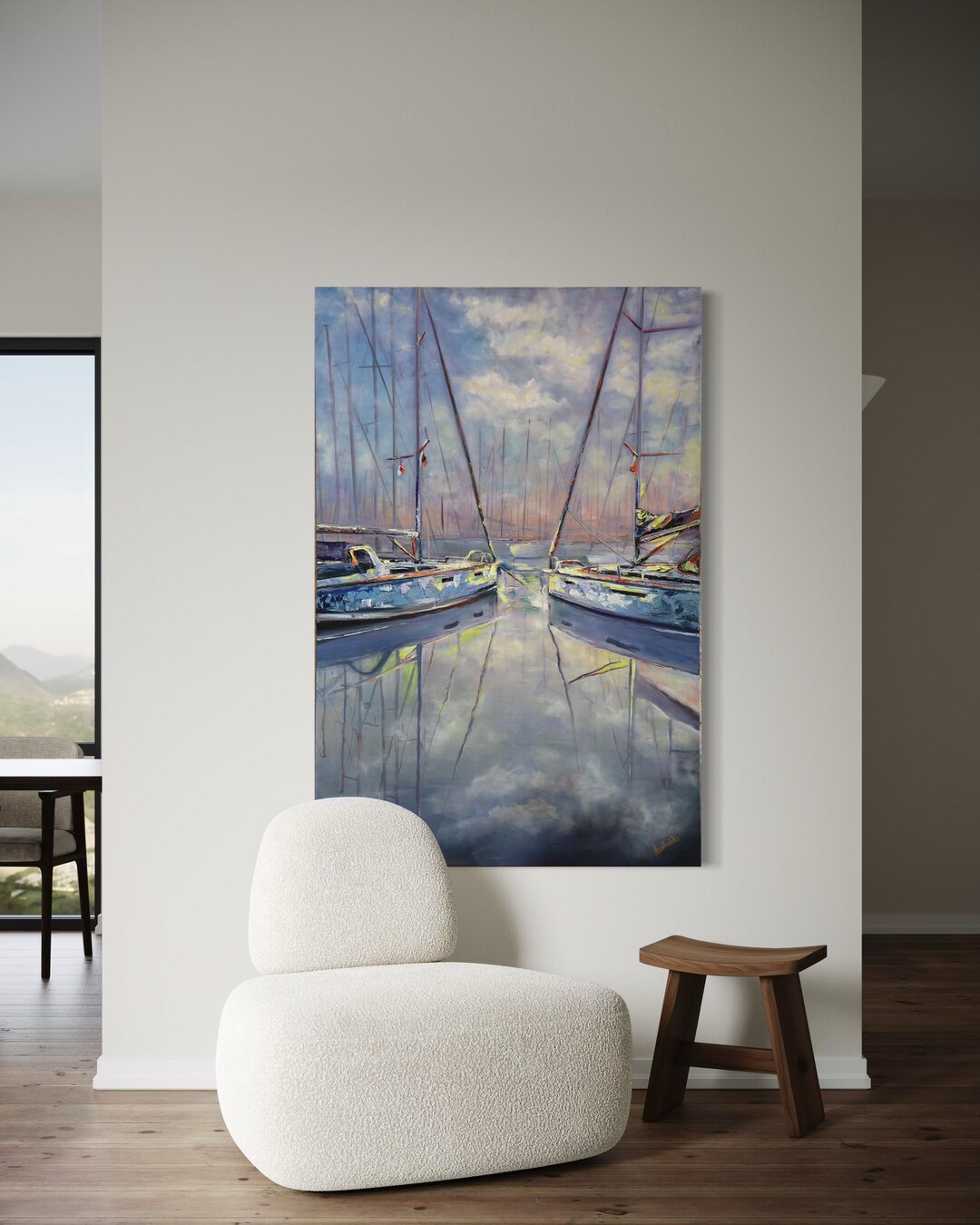 Large Oil Painting of Sailboats in Harbor Nautical Wall Art 100x150 Cm ...