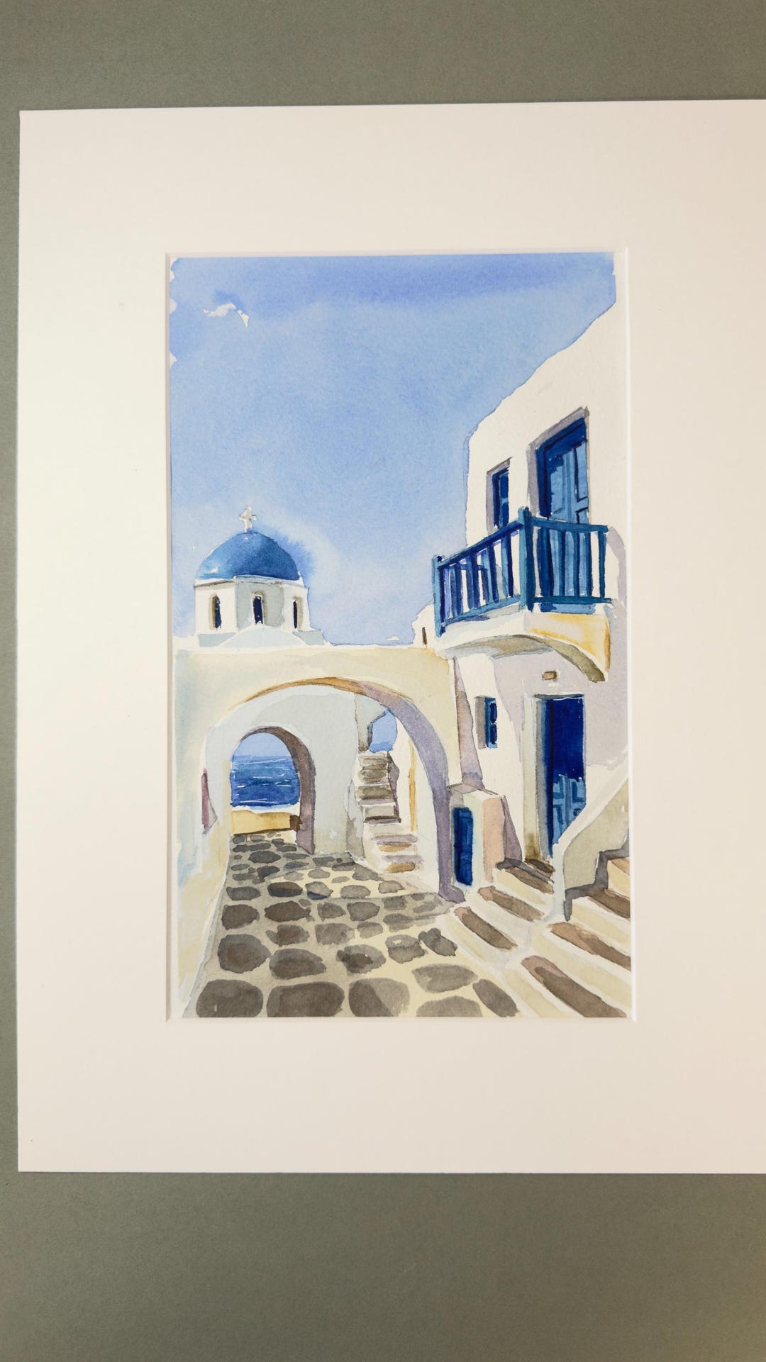 Greek Watercolor Painting Santorini Street With Blue Dome Church ...