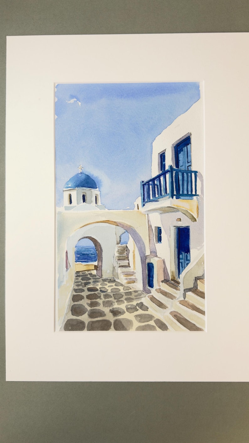 Greek Watercolor Painting Santorini Street With Blue Dome Church ...