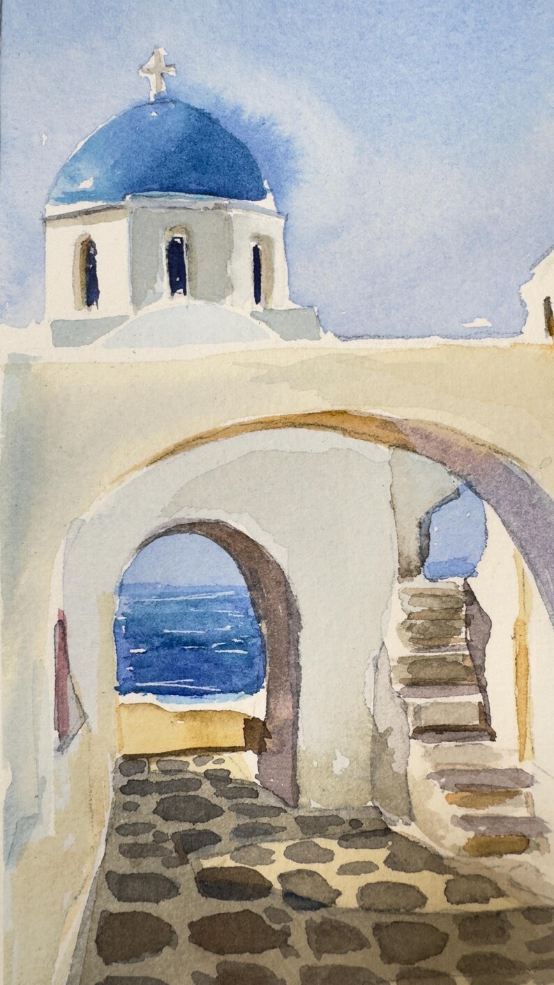 Greek Watercolor Painting Santorini Street With Blue Dome Church ...