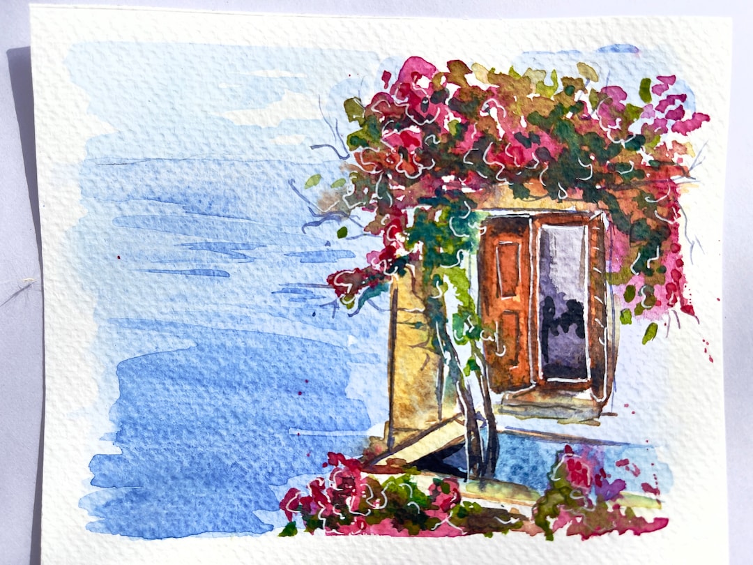 Summer Painting Greek Landscape Veranda and Window With Flowers ...