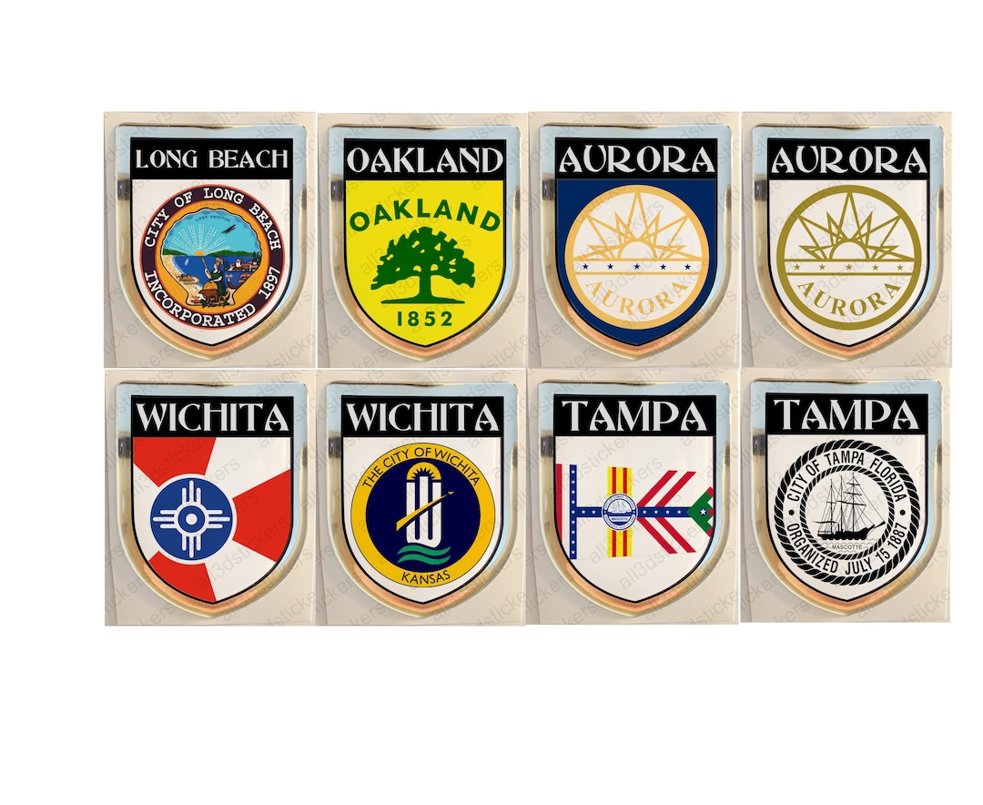 Sticker Long Beach Oakland Aurora Wichita Tampa United States USA Coat ...