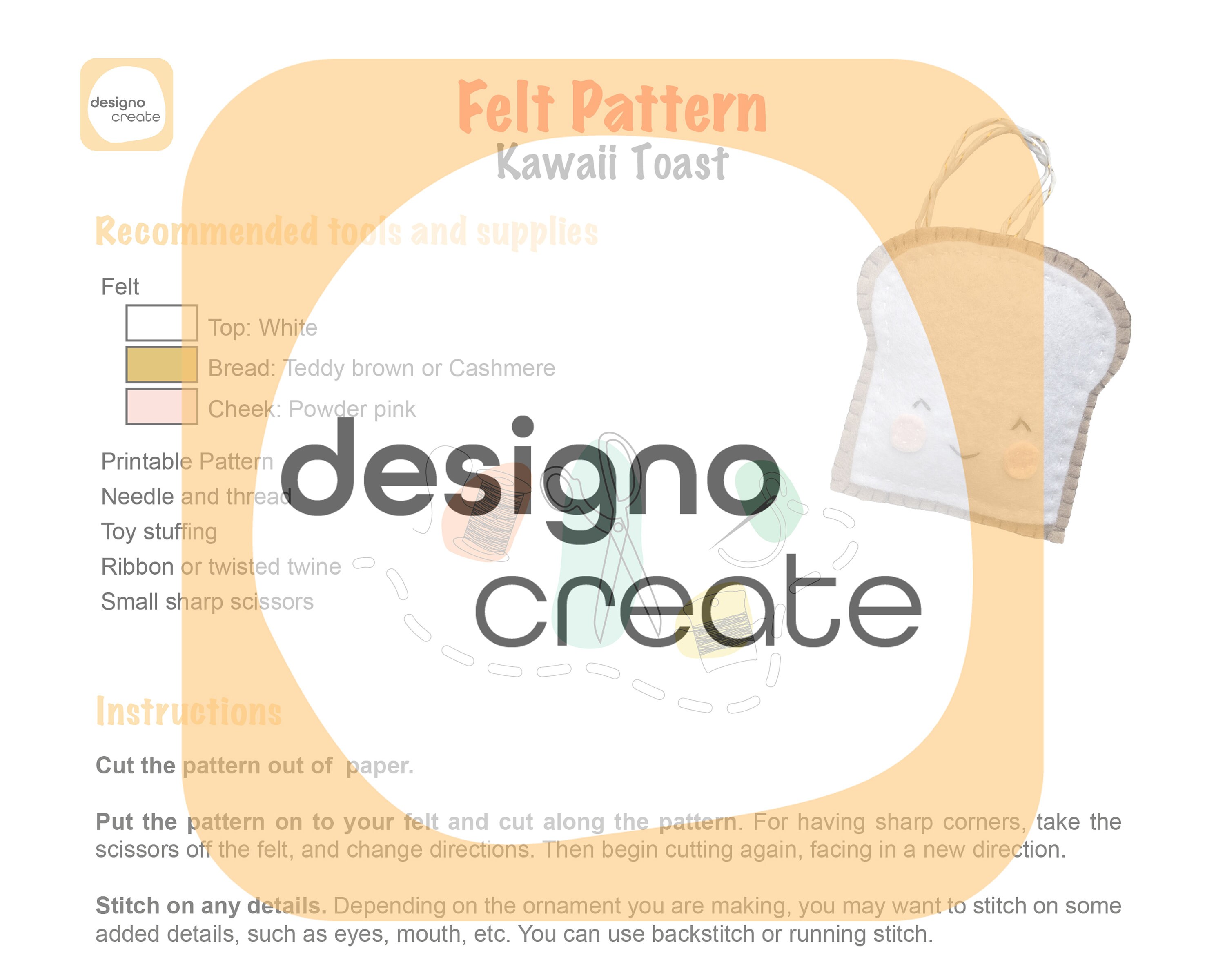 PDF Pattern, Kawaii Toast Pattern, Felt Ornament Pattern, Felt Kawaii ...