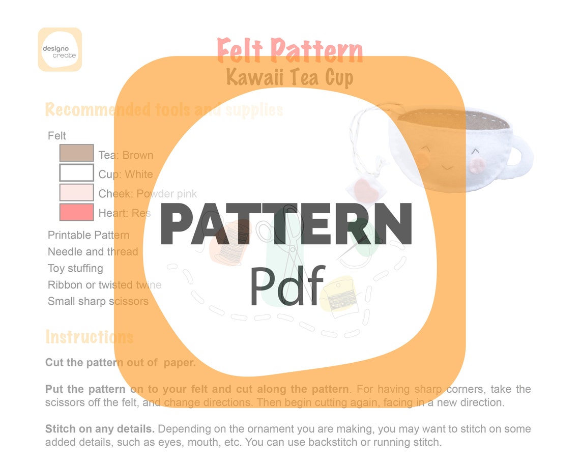 PDF Pattern, Kawaii Tea Cup Pattern, Felt Ornament Pattern, Felt Kawaii ...