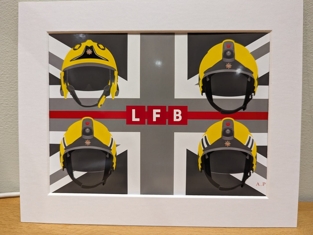 Mounted Print of a Set of London Fire Brigade Firefighters Helmets Thin ...