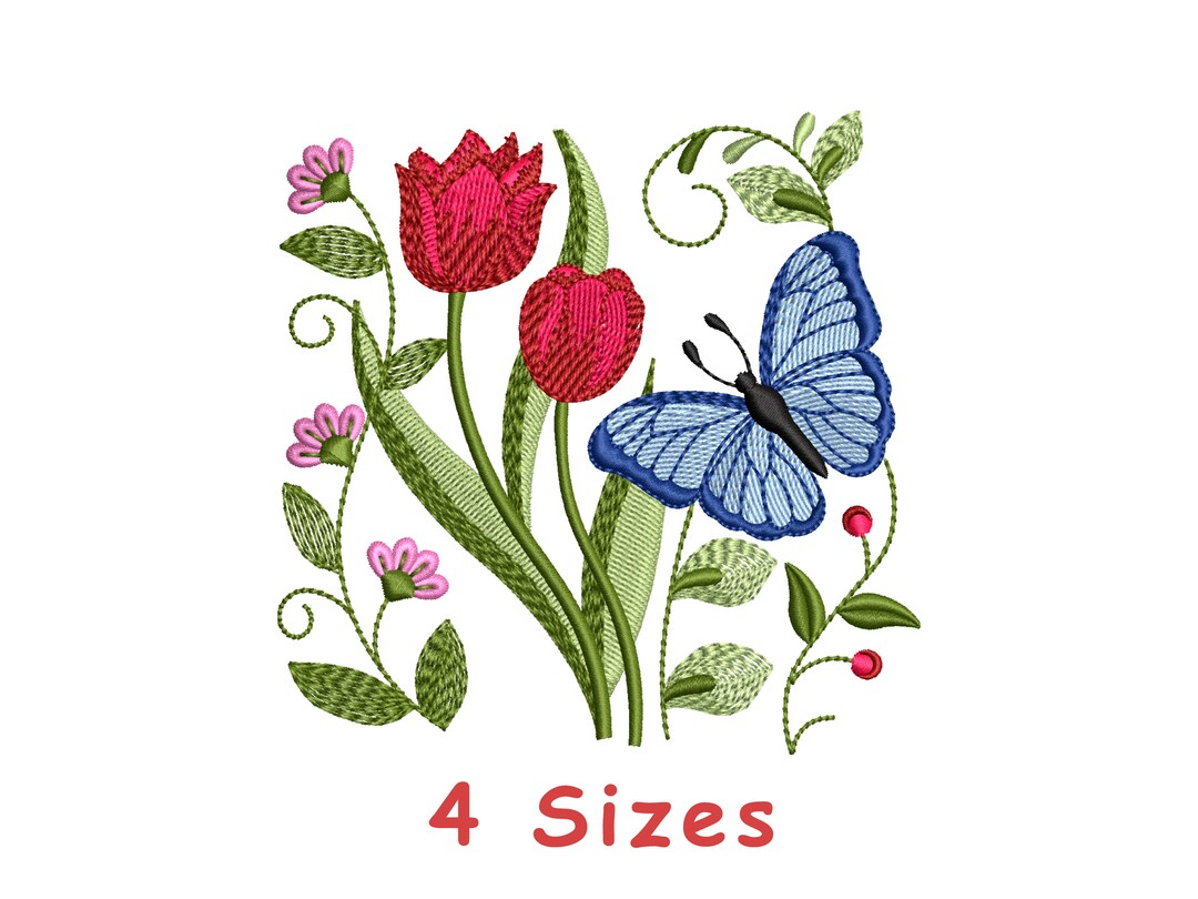Spring Tulip Wildflowers Butterfly Machine Embroidery Design 4 Sizes ...