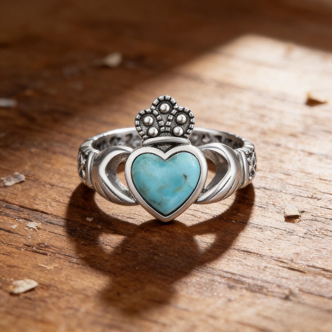 925 Sterling Silver Wedding Band for Women, Heart Turquoise Claddagh ...