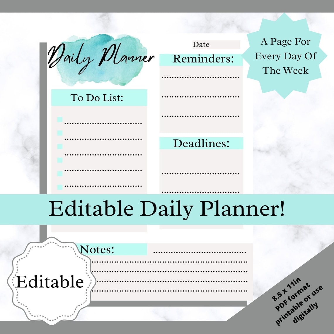 EDITABLE DAILY PLANNER | to Do List | Reminders | Template | Pdf, Excel ...