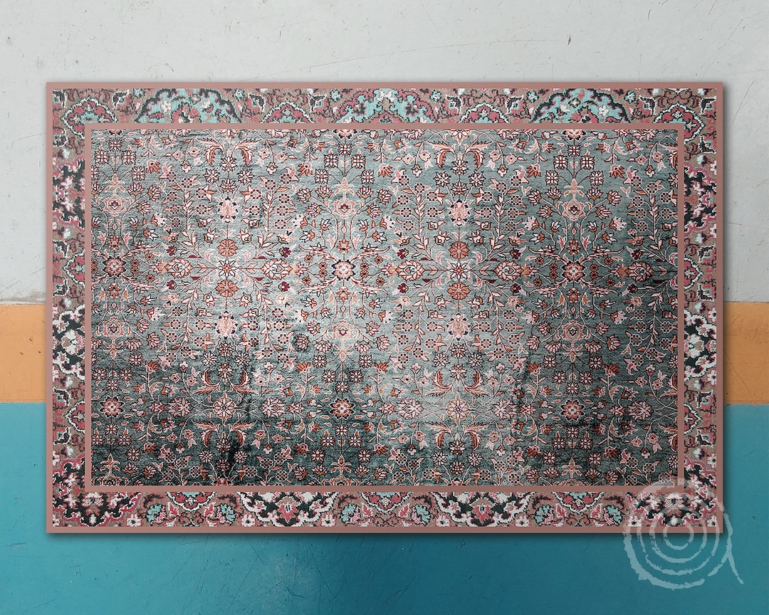 Retro Look Powder Pink Floral Vinyl Floor Mat, Gray Vinyl Rug, Pink ...