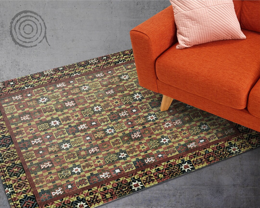 Retro Look Ethno Colorful Vinyl Floor Mat, Bronze Linoleum Rug, Brown ...