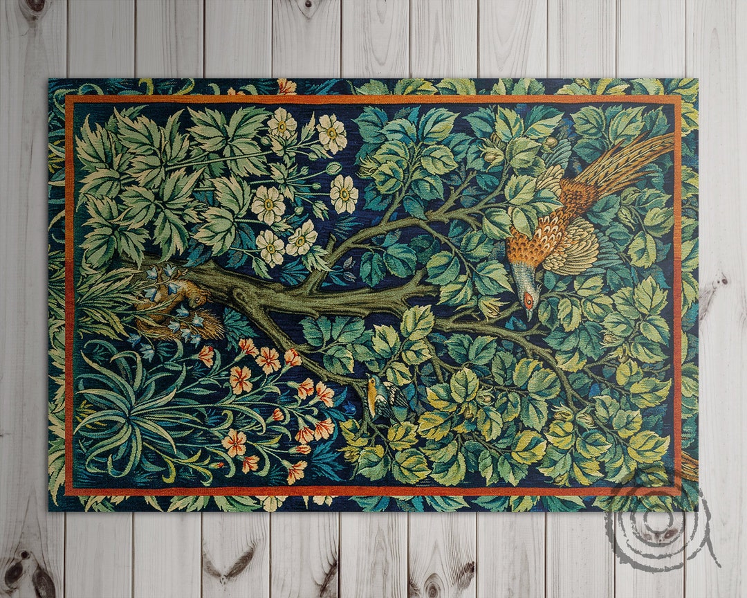 Retro Look Cock Pheasant by William Morris Vinyl Floor Mat, Green Vinyl ...