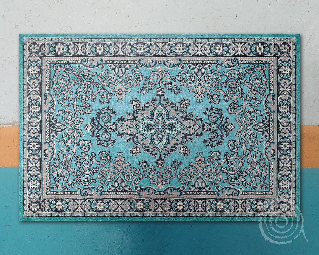 Retro With A Floral Diamond Vinyl Floor Mat, Blue Vinyl Mat, Beige ...