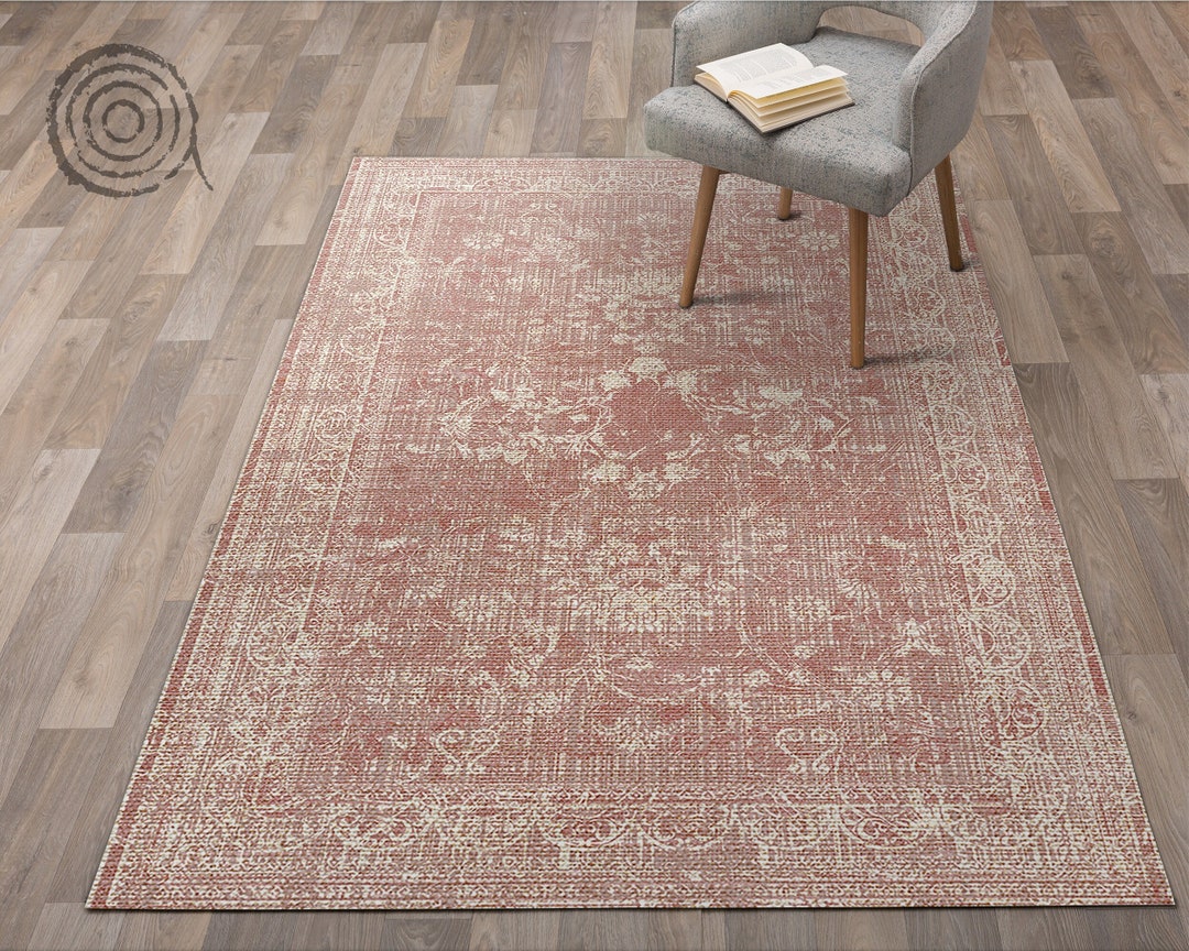 Retro Traditional Classic Vinyl Floor Mat, Pink Vinyl Rug, Beige ...