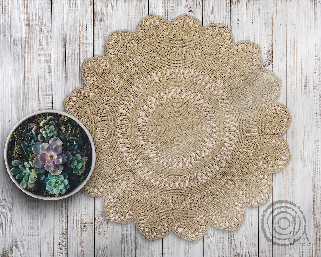 Retro Look Round Jute Vinyl Floor Mat, Gold Linoleum Rug, Beige Vinyl ...