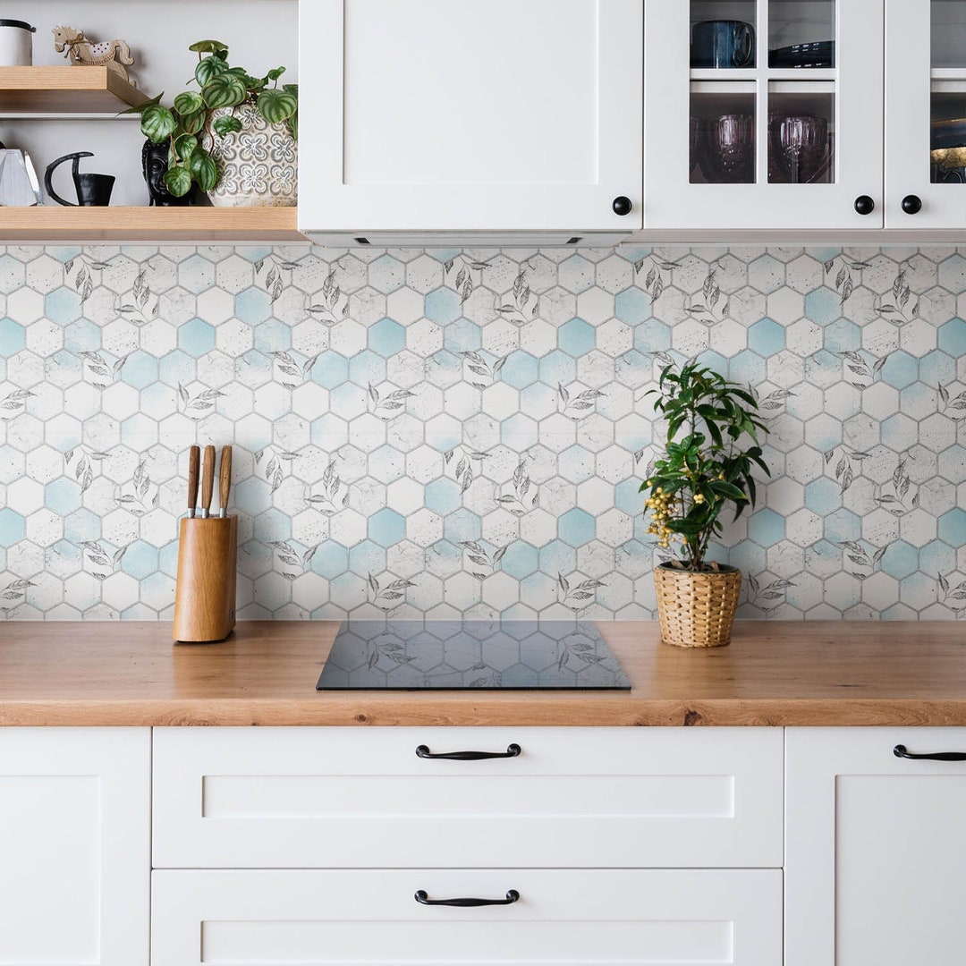 Hexagons and Leaves Tile Stickers, Removable Tiles, Abstraction Tile ...
