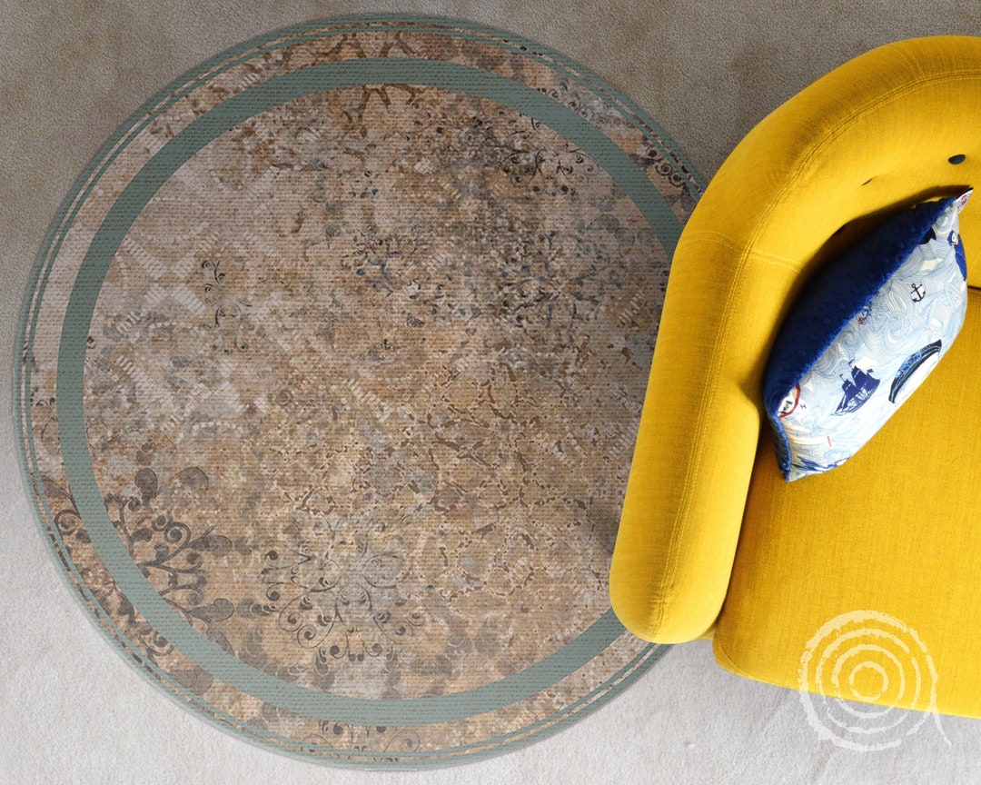 Old Shabby Tiles Pattern Round Vinyl Mat, Bronze Vinyl Rug, Blue ...