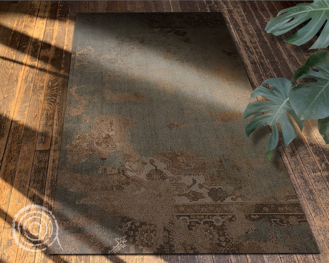 Shabby Patchwork Vinyl Floor Mat, Green Vinyl Rug, Bronze Linoleum Rug ...