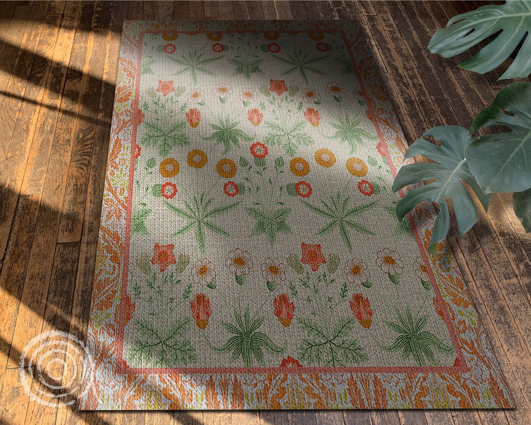 Anitique Floral in Frame Vinyl Floor Mat, Green Vinyl Rug, Orange ...