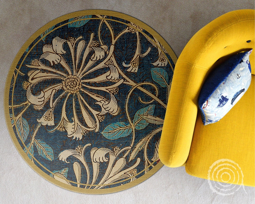 Honeysuckle by William Morris Round Vinyl Mat, Gold Linoleum Rug, Blue ...