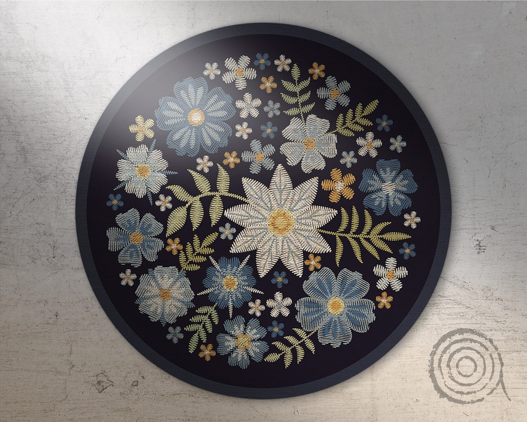 Cute Floral Circle Composition Round Vinyl Mat, Blue Vinyl Mat, Green ...
