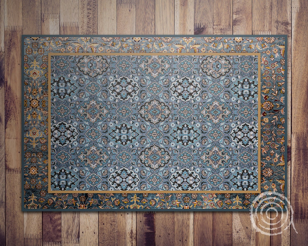 Retro Look Ethnic Ornamental Vinyl Floor Mat, Blue Vinyl Rug, Bronze ...