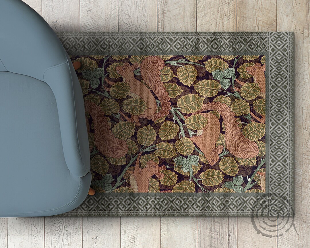 Squirrels and Hazelnut Tree Vinyl Floor Mat, Orange Linoleum Rug, Green ...