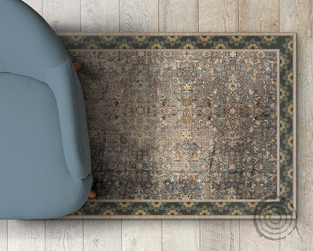 Delicate of A Floral Vinyl Floor Mat, Green Vinyl Mat, Beige Vinyl Rug ...