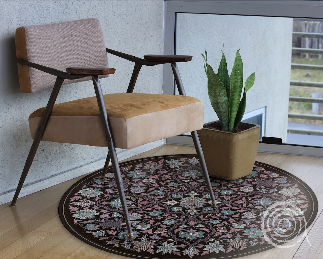 Hippie Embroidery Round Vinyl Mat, Blue Vinyl Mat, Purple Vinyl Rug ...