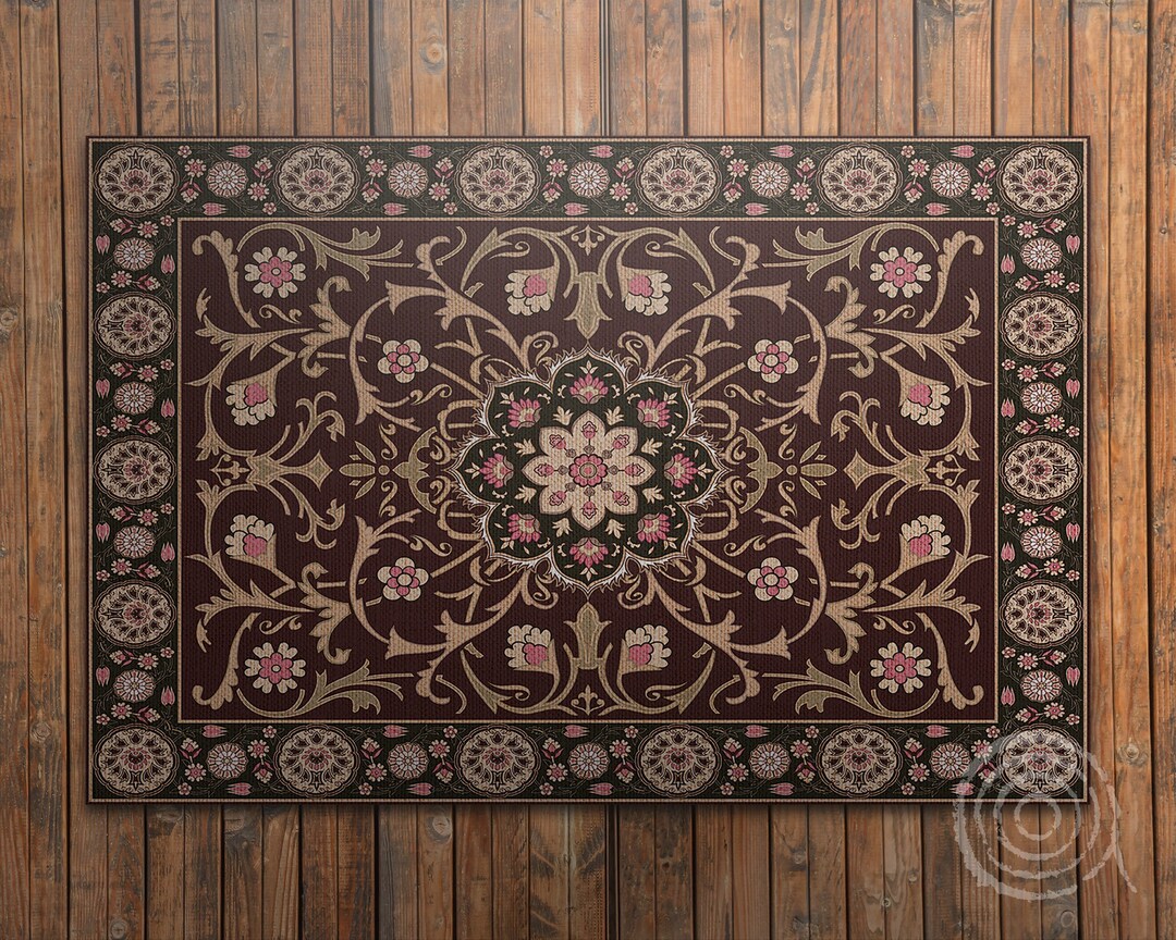Aesthetic Style With Floral Vinyl Floor Mat, Pink Vinyl Rug, Bronze ...