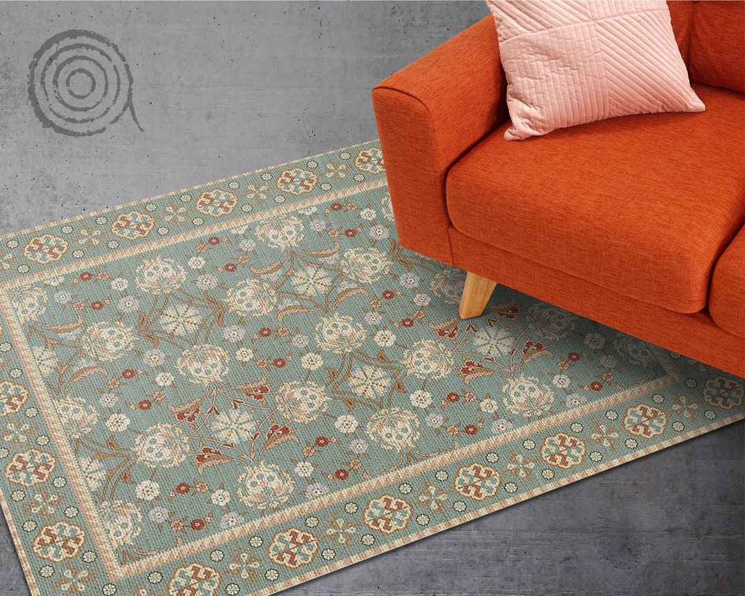 Retro Look Floral Design Vinyl Floor Mat, Beige Linoleum Rug, Gray ...