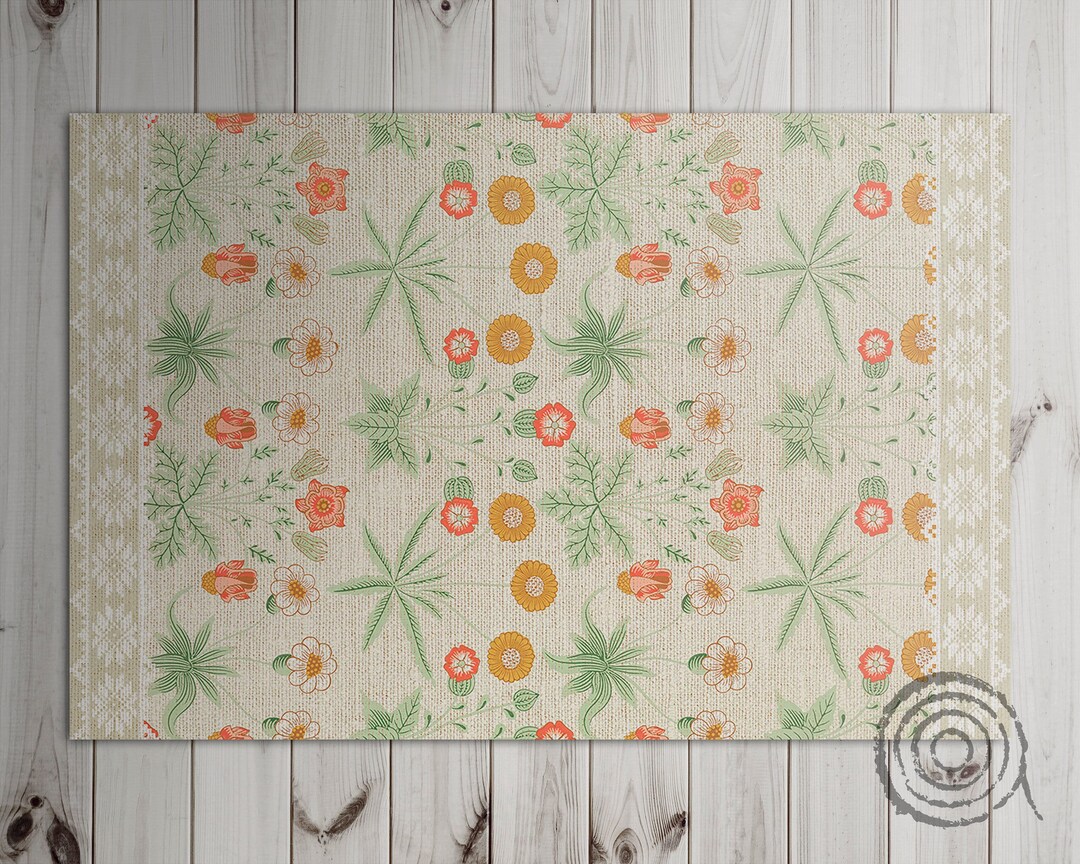 Daisy by William Morris Vinyl Floor Mat, Green Linoleum Rug, Orange ...