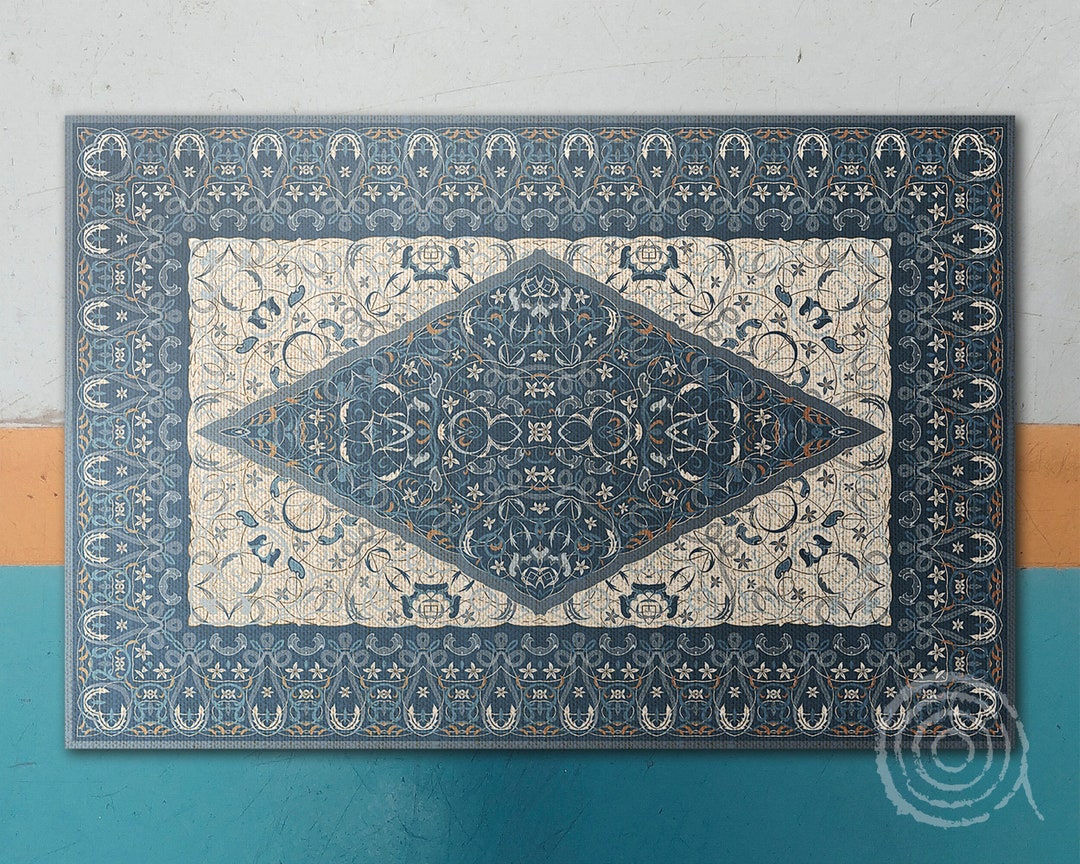 Ombre Blue Retro Look Arabic Vinyl Floor Mat, Blue Vinyl Mat, Beige ...