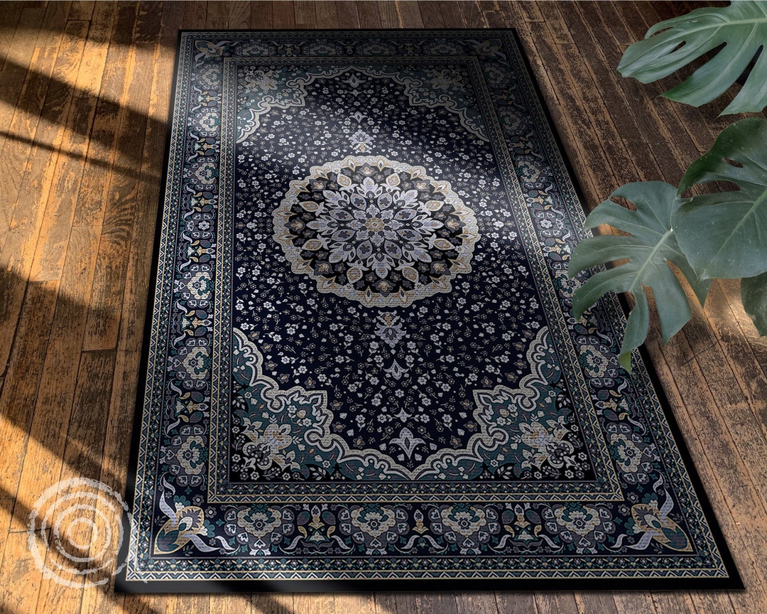 Flowers With Ornamental Frame Vinyl Floor Mat, Blue Vinyl Rug, Navy ...