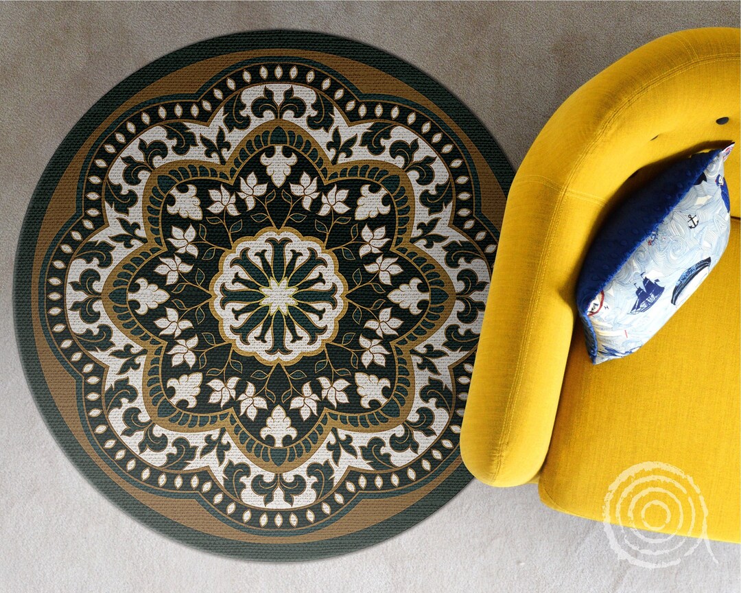 Flower Shaped Mandala Round Vinyl Mat, Brown Vinyl Rug, Beige Linoleum ...
