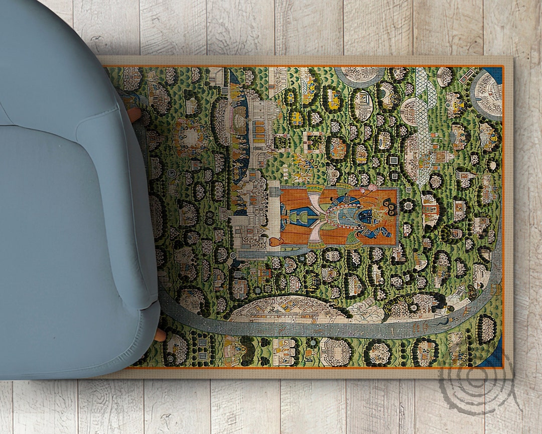 Town Vinyl Floor Mat, Green Vinyl Mat, Beige Vinyl Rug, Retro Linoleum ...