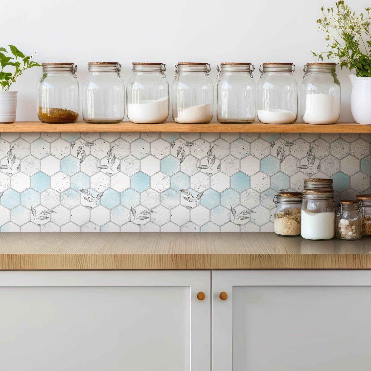 Hexagons and Leaves Tile Stickers, Removable Tiles, Abstraction Tile ...