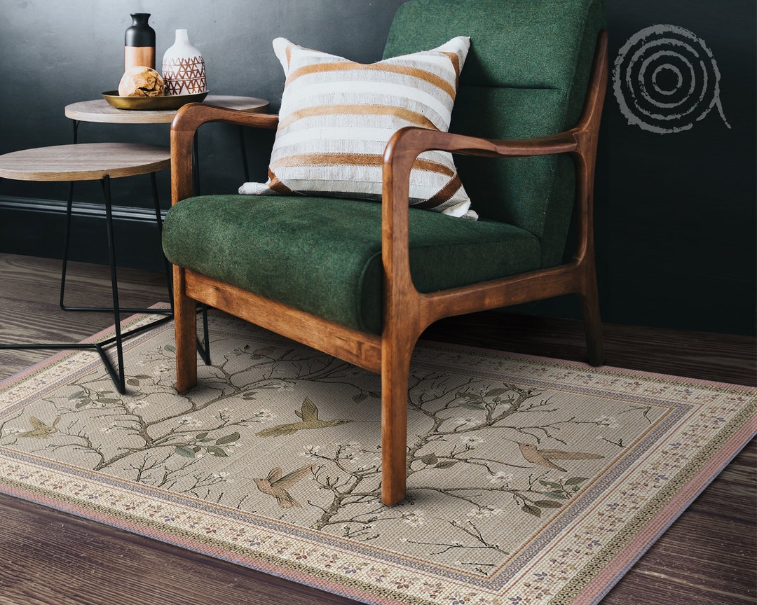 Delicate Floral Backdrop With Birds Vinyl Floor Mat, Beige Vinyl Rug ...