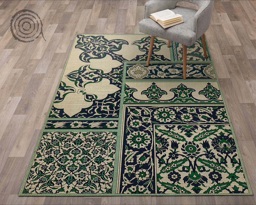 Patterned by Albert Racinet Vinyl Floor Mat, Green Linoleum Rug, Beige ...