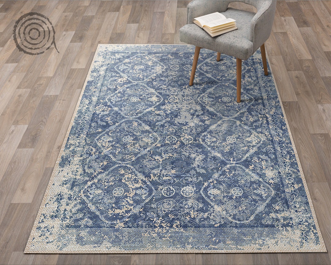 Stylish Ornamental Vinyl Floor Mat, Blue Vinyl Rug, Gray Linoleum Rug ...