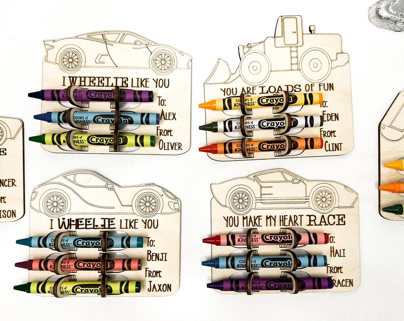 Cute Race Car & Tractor Crayon Holder Valentine Cards Laser - Etsy